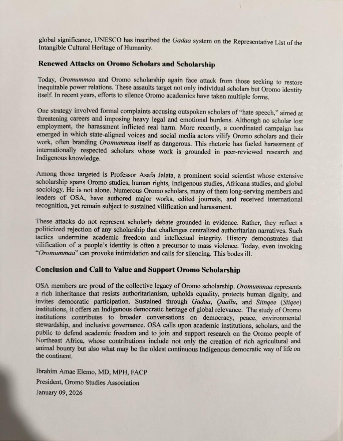 Oromo Studies Association’s Statement on Scholar Attacks | Oromedia